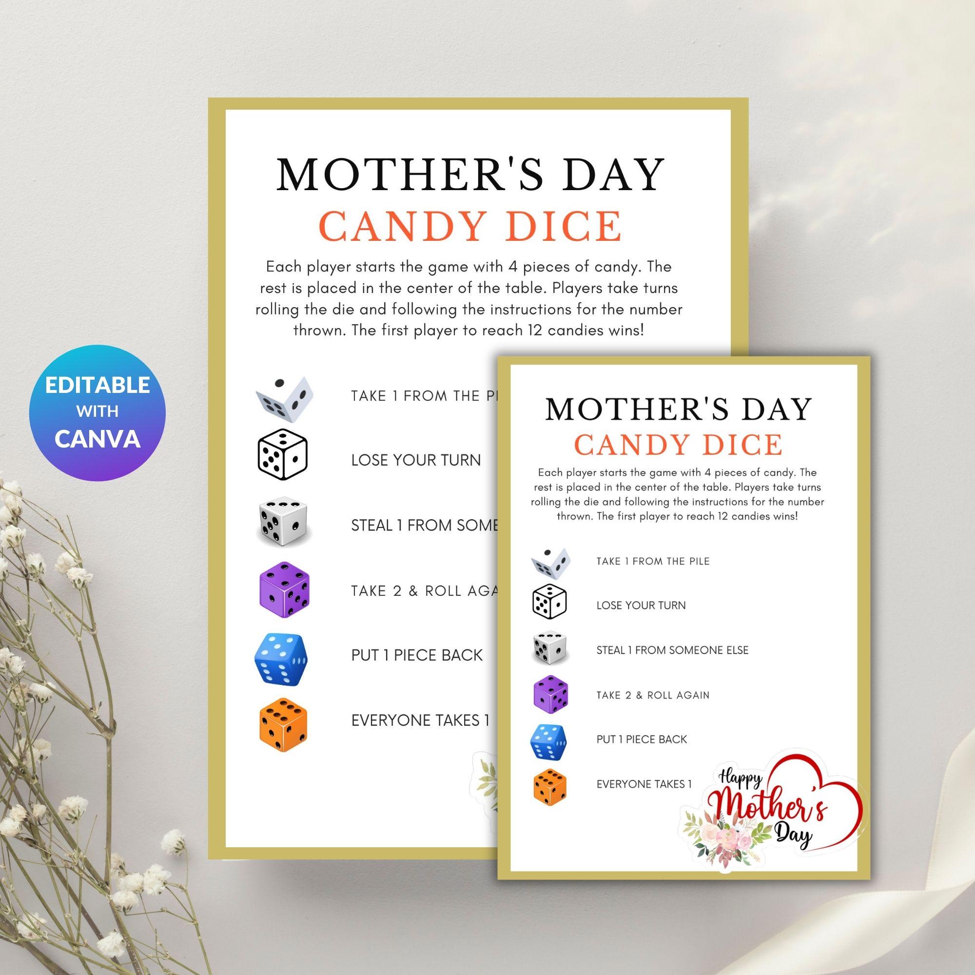 Mother’s Day Candy Dice Game Printable, Fun Mothers Day Party Game ...