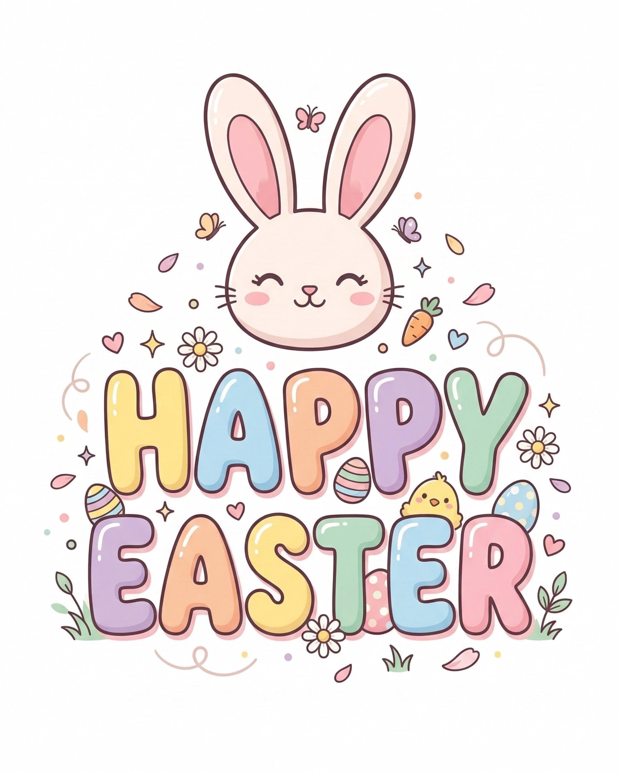 Kawaii Happy Easter Digital PNG | Cute Bunny and Pastel Bubble Letter ...