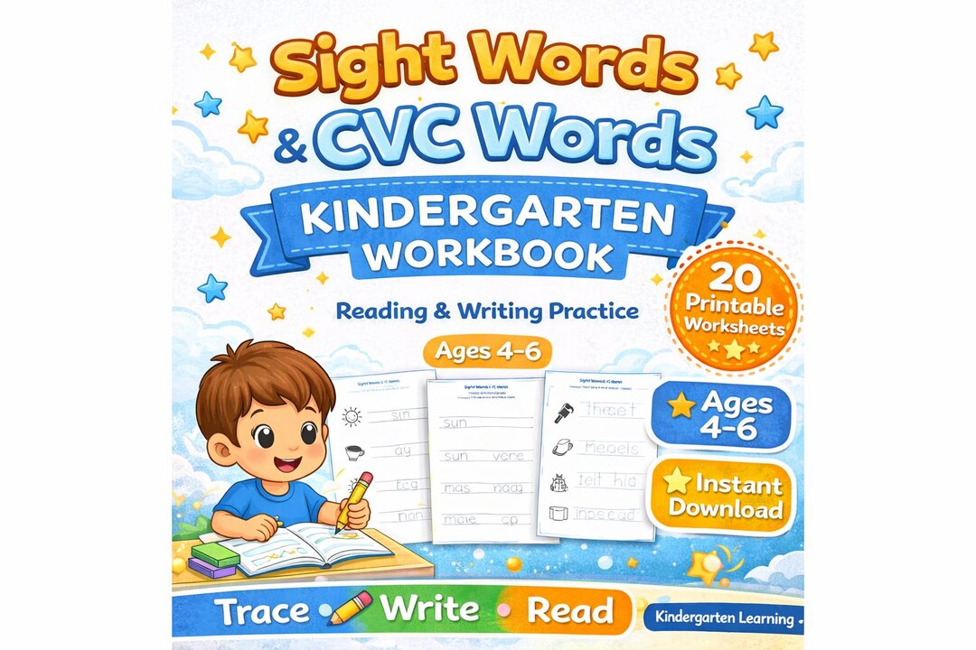 Sight Words & CVC Words Workbook | 20 Printable Pages | Kindergarten ...