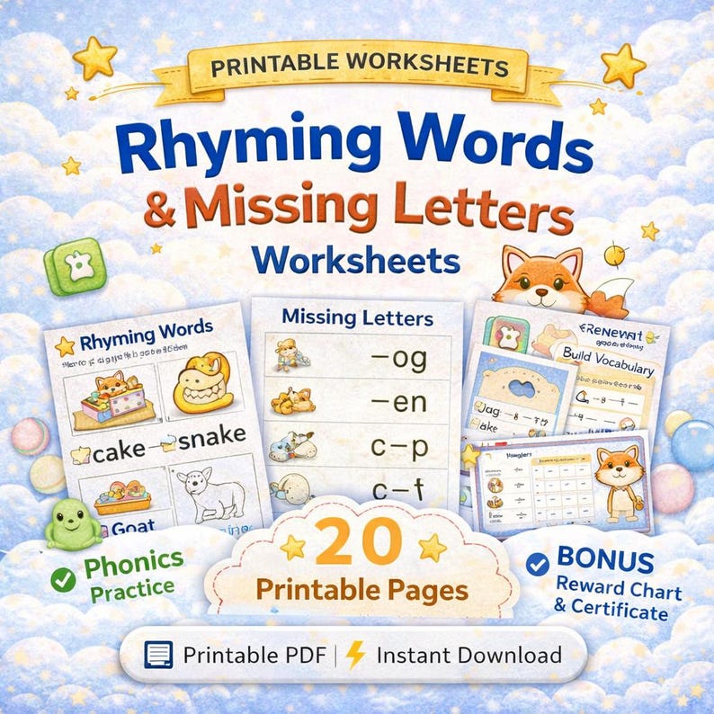 Kindergarten Phonics Worksheets | Rhyming Words, Missing Letters, CVC ...