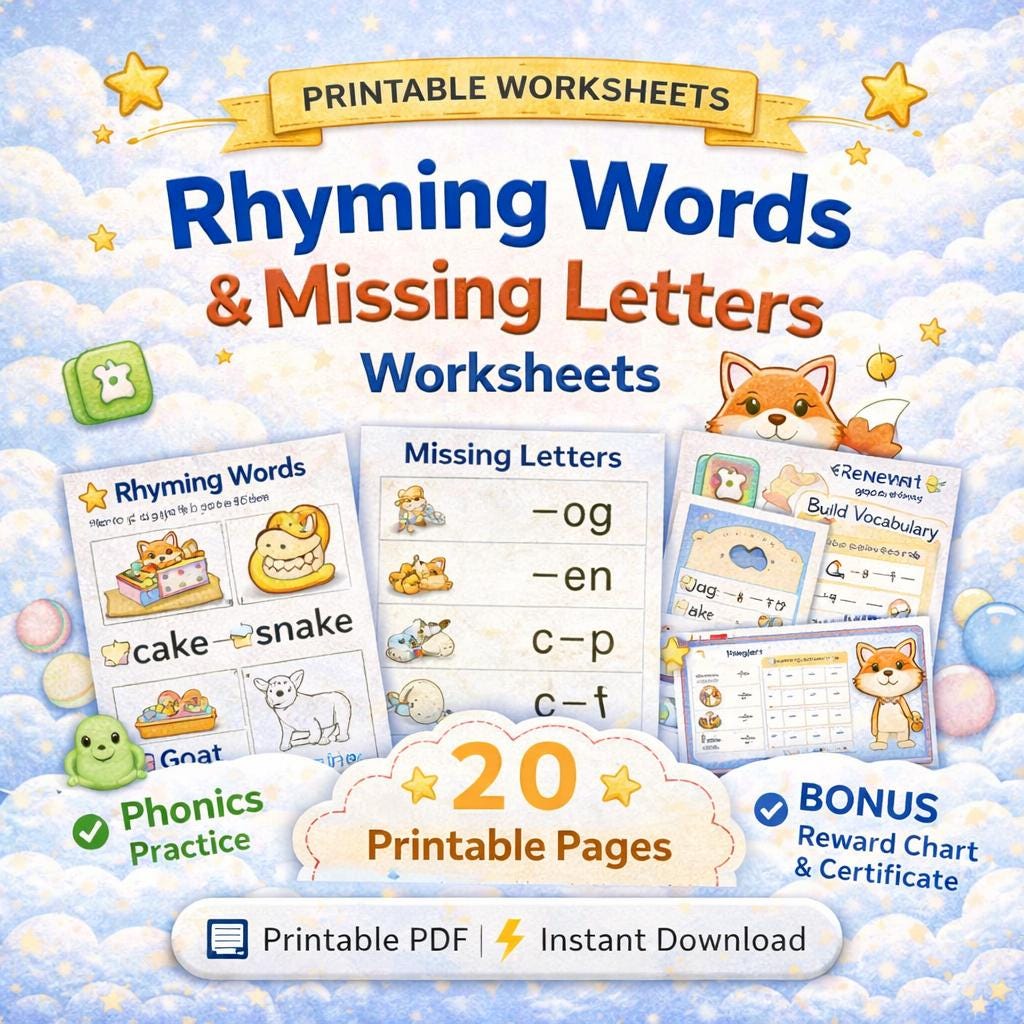 Kindergarten Phonics Worksheets | Rhyming Words, Missing Letters, CVC ...