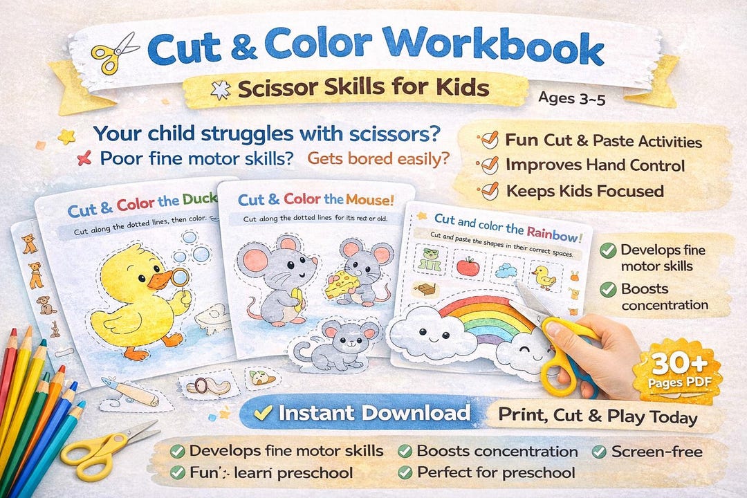 Scissor Skills Workbook Printable | Cut and Color Animals PDF | Fine ...