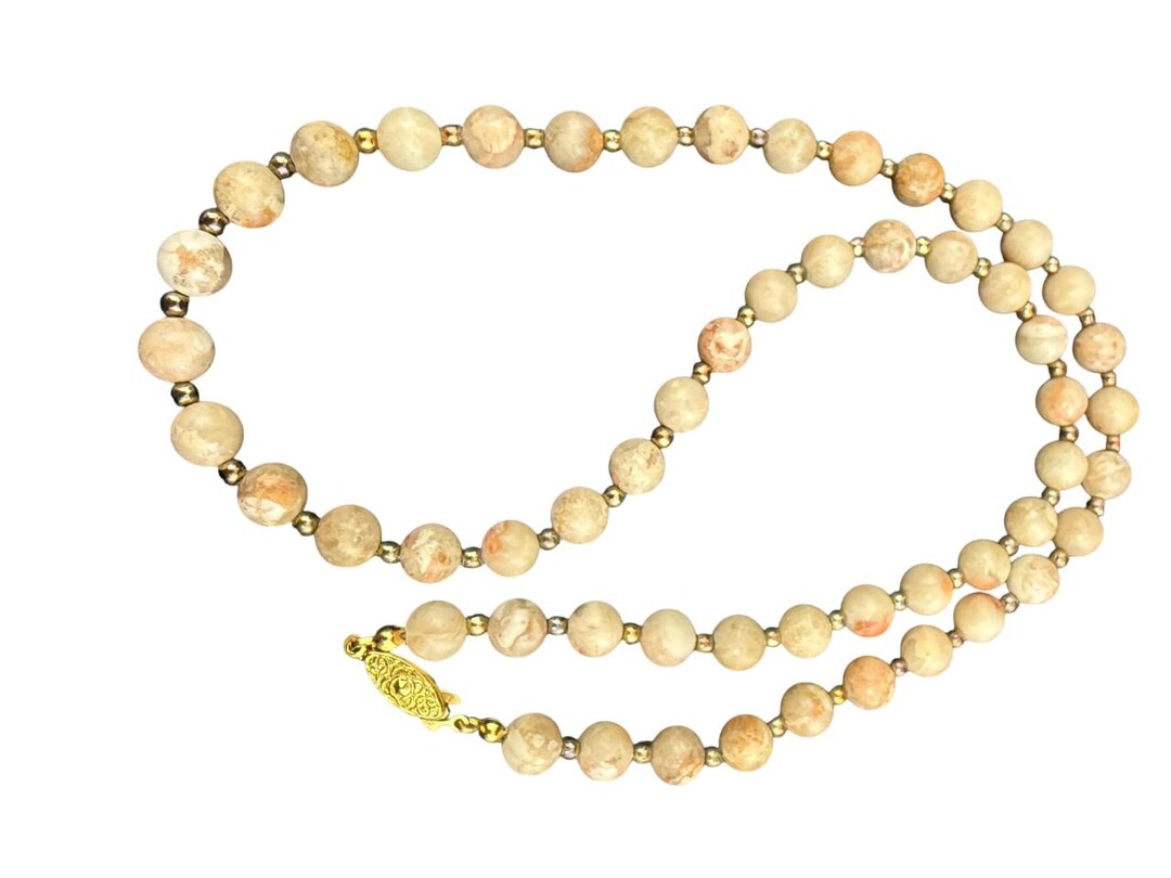 Vintage Natural Stone Bead Necklace – Beige Marble Look Beads – 24 ...