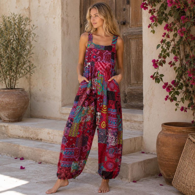 Women’s Floral Jumpsuit, Wide Leg Overalls, Sleeveless Loose Fit ...