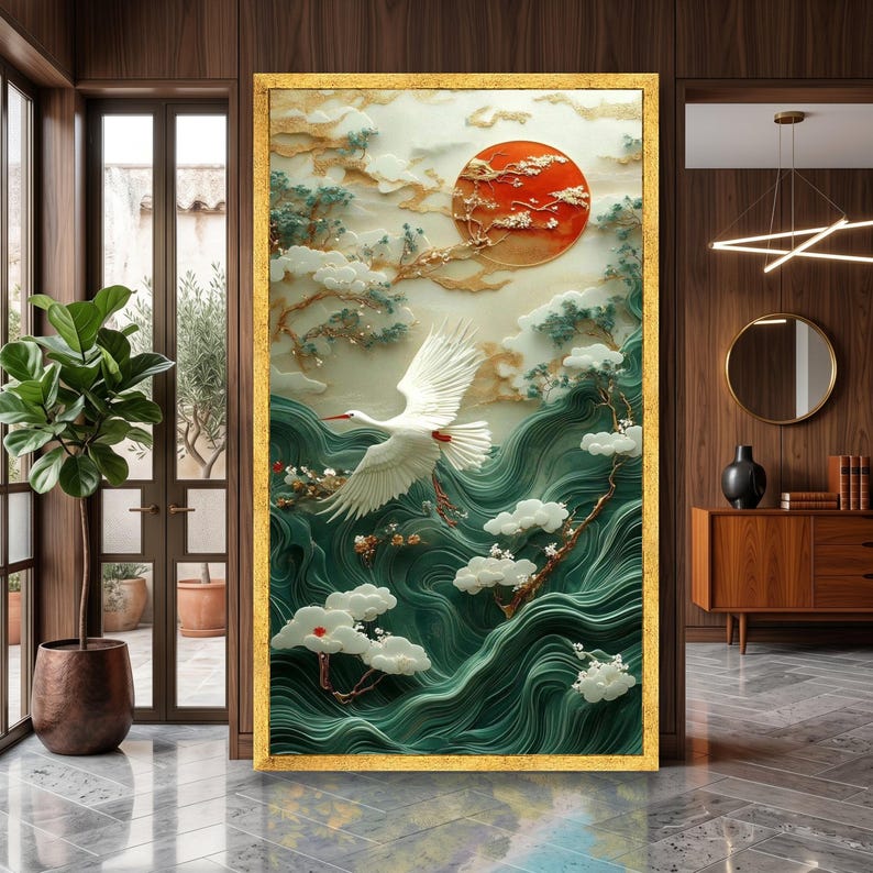 Crane Flight Canvas Art, Asian Style Golden Branches, Red Sun Landscape ...