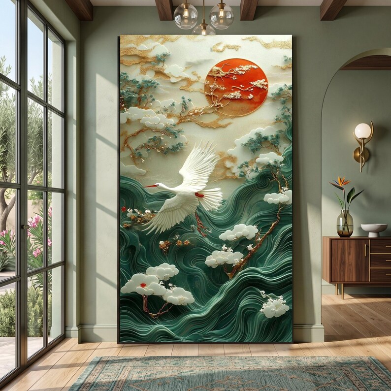 Crane Flight Canvas Art, Asian Style Golden Branches, Red Sun Landscape ...