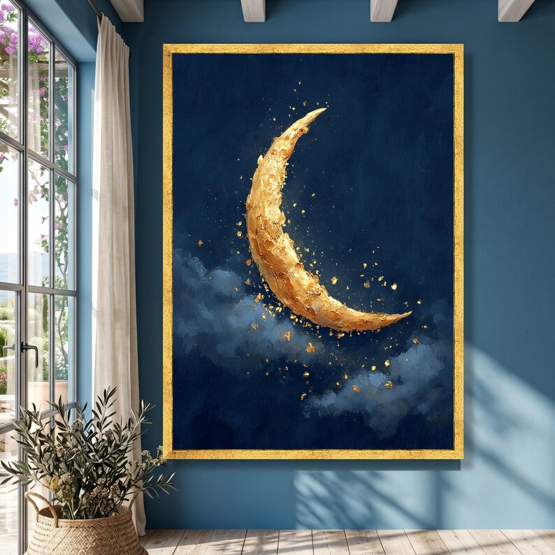 Golden Crescent Moon Canvas, Abstract Celestial Art, Blue Cloudy Night ...