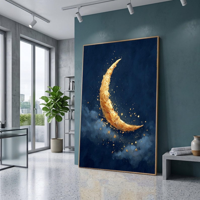 Golden Crescent Moon Canvas, Abstract Celestial Art, Blue Cloudy Night ...