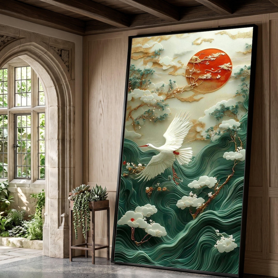 Crane Flight Canvas Art, Asian Style Golden Branches, Red Sun Landscape ...