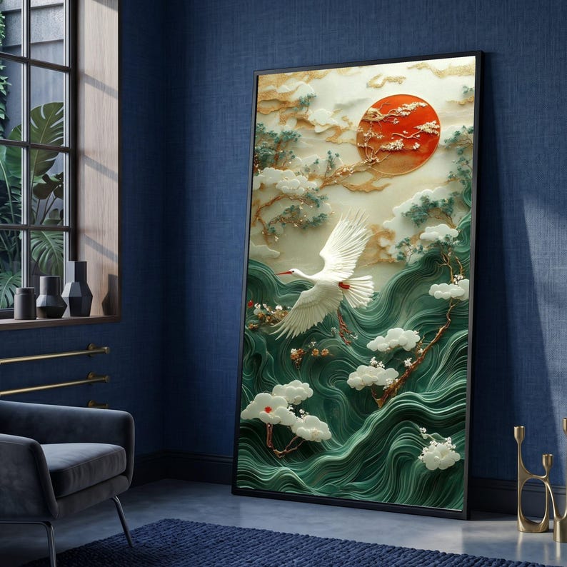 Crane Flight Canvas Art, Asian Style Golden Branches, Red Sun Landscape ...