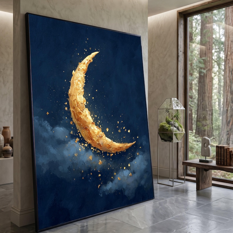 Golden Crescent Moon Canvas, Abstract Celestial Art, Blue Cloudy Night ...