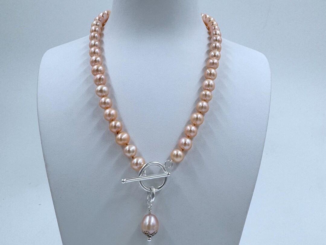 Blush Pink Freshwater Pearl Necklace 8-8.5mm Silk Knotted Silver Toggle ...