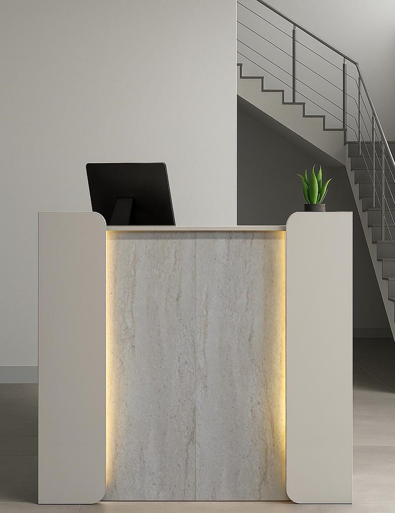 Modern Reception Desk, LED Lighted Welcome Counter, Travertine Look ...