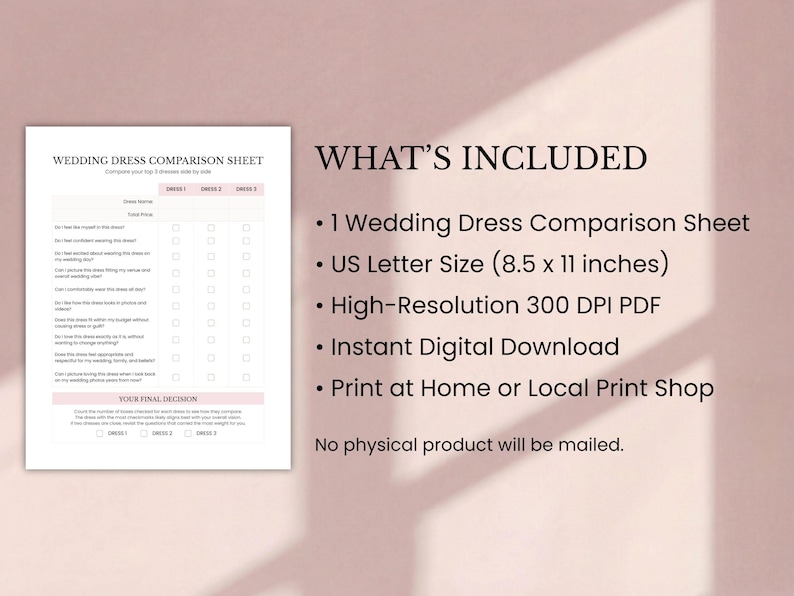 Wedding Dress Comparison Sheet Printable PDF, Bridal Appointment ...