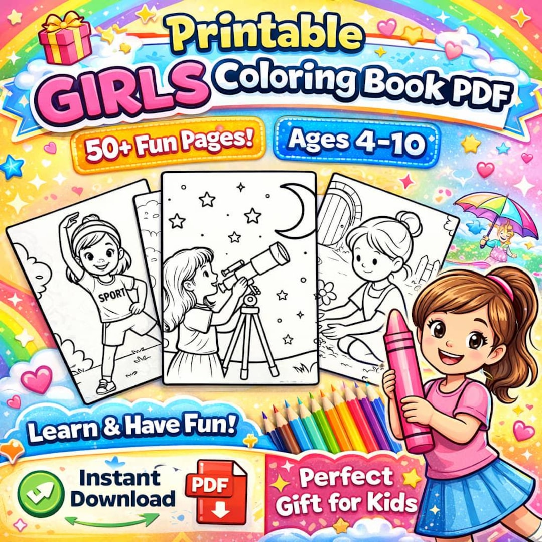 Girls Coloring Book PDF | Fun Pages for Ages 4-10 (digital Download) - Etsy