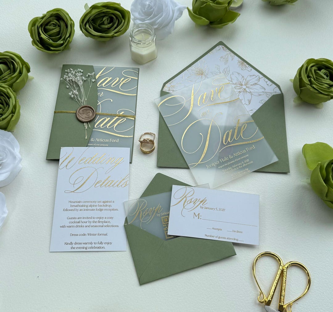 Frosted Acrylic Wedding Invitations Set : Gold Foil Script Invite, Sage ...