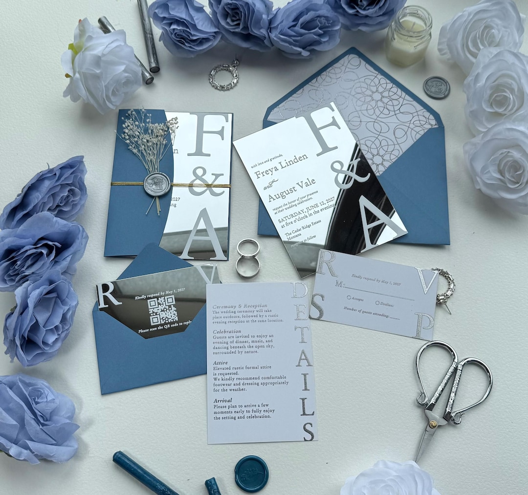 Mirror Acrylic Wedding Invitations : Modern Silver Mirror Cards, Blue ...