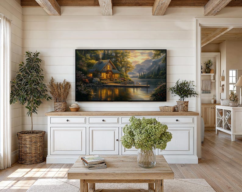 Samsung Frame TV Art, Cozy Lakeside Cottage Sunset Landscape (digital ...