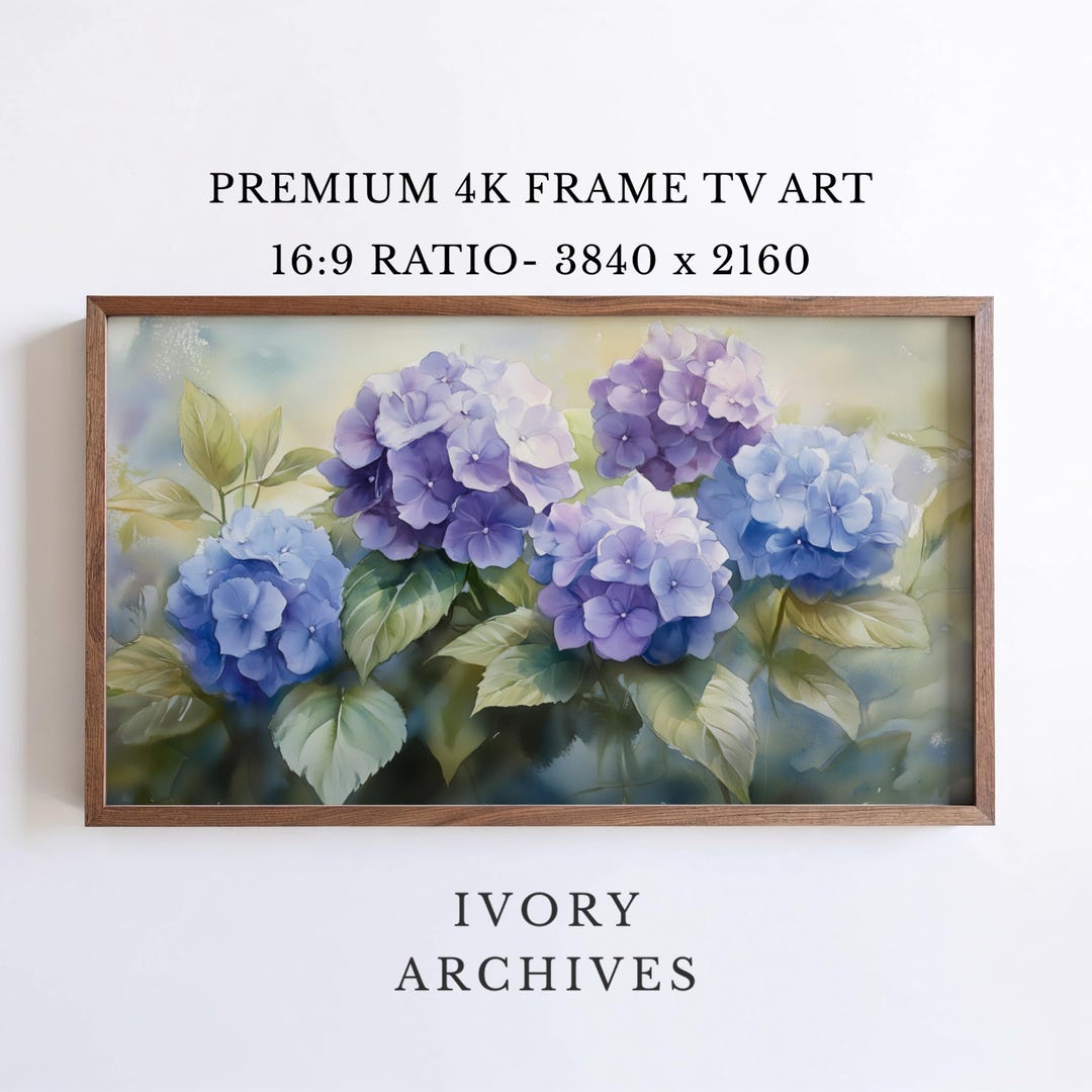 Watercolor Hydrangea Samsung Frame TV Art, Soft Blue Floral Cottage ...