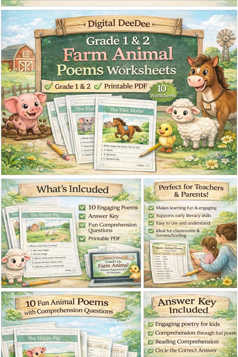 Farm Animal Poems Worksheets Grade 1 & 2 | Reading Comprehension ...