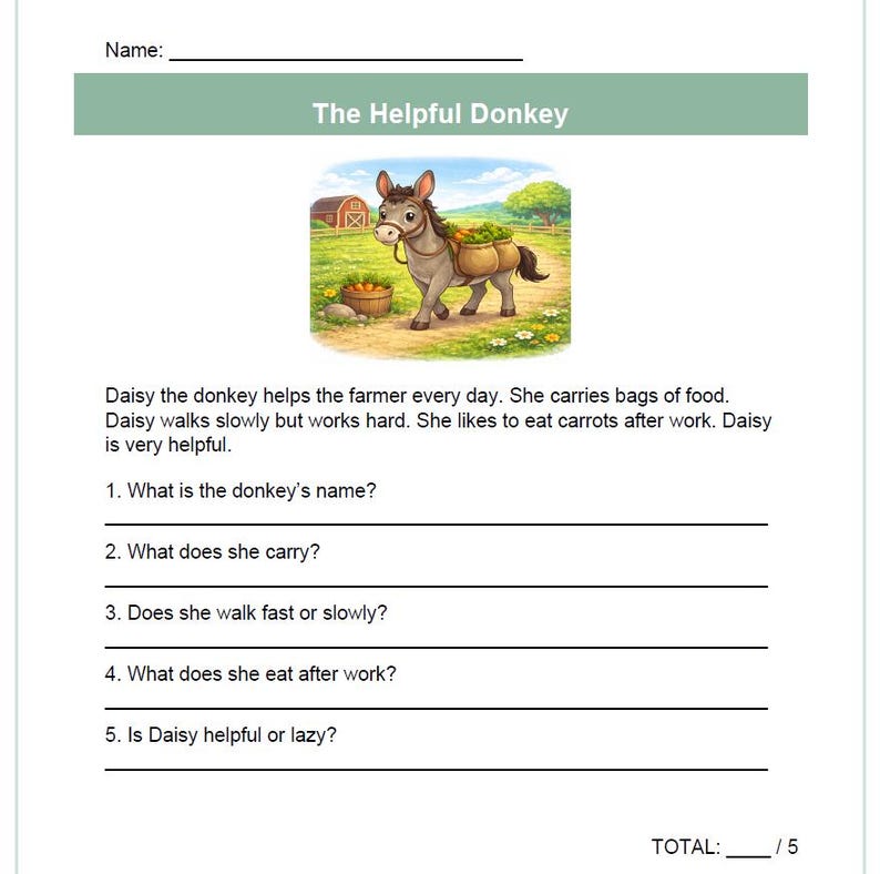 Grade 1 Farm Animals Reading Comprehension Worksheets (printable PDF ...