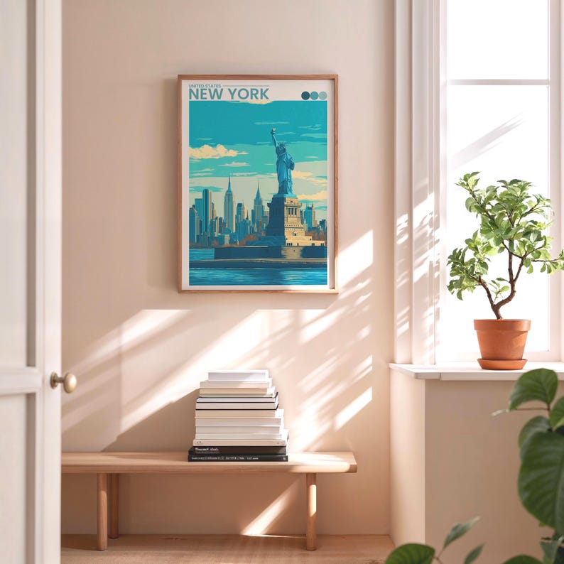 New York Travel Poster - Statue of Liberty, Manhattan Skyline Art - Etsy UK