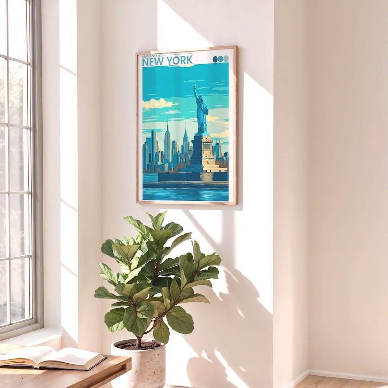 New York Travel Poster - Statue of Liberty, Manhattan Skyline Art - Etsy UK