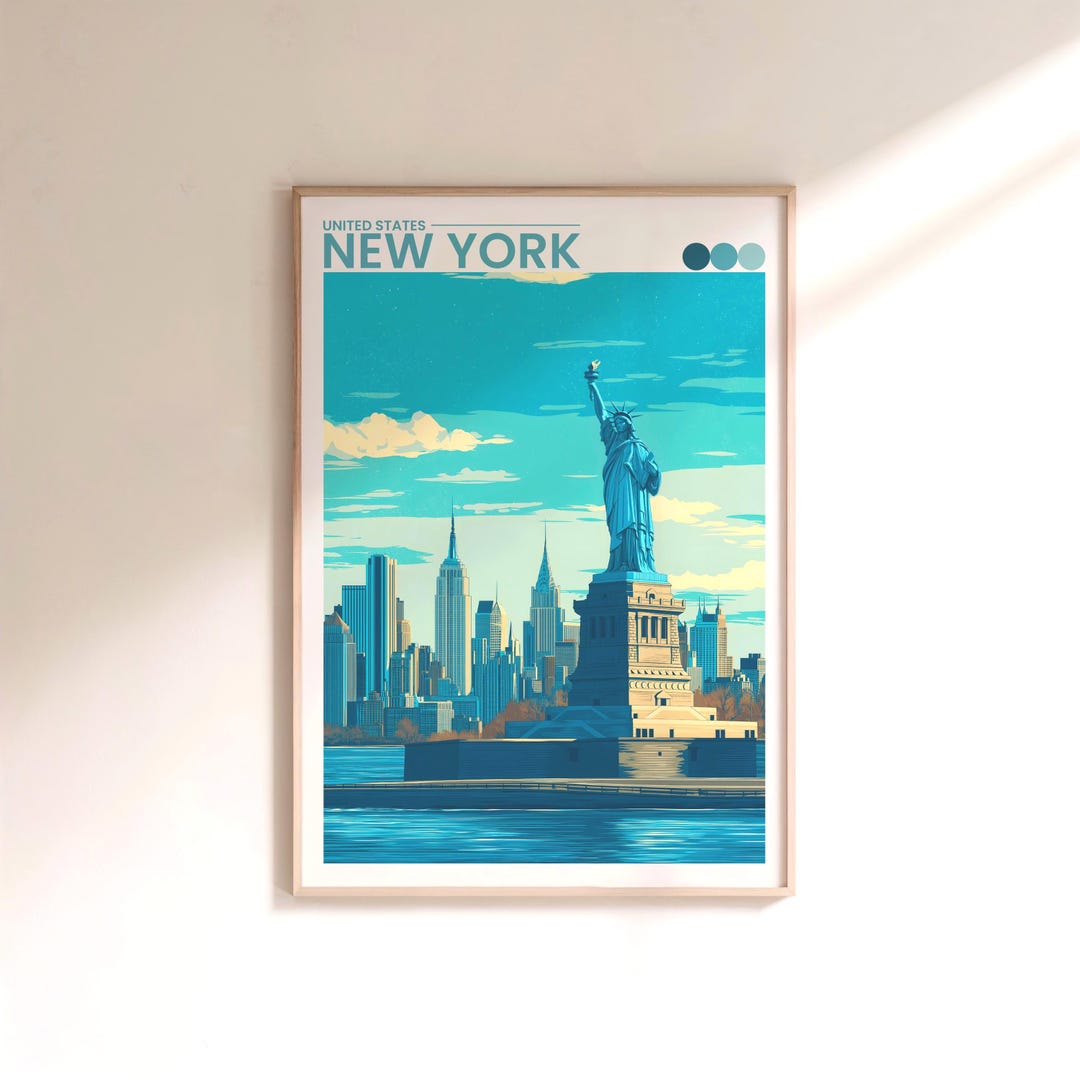 New York Travel Poster - Statue of Liberty, Manhattan Skyline Art - Etsy UK