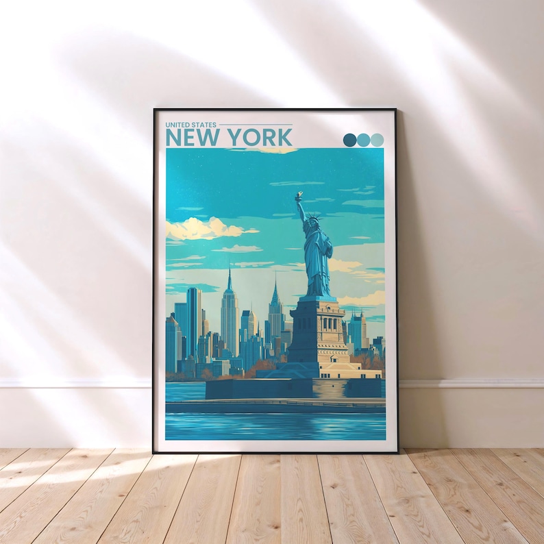 New York Travel Poster - Statue of Liberty, Manhattan Skyline Art - Etsy UK