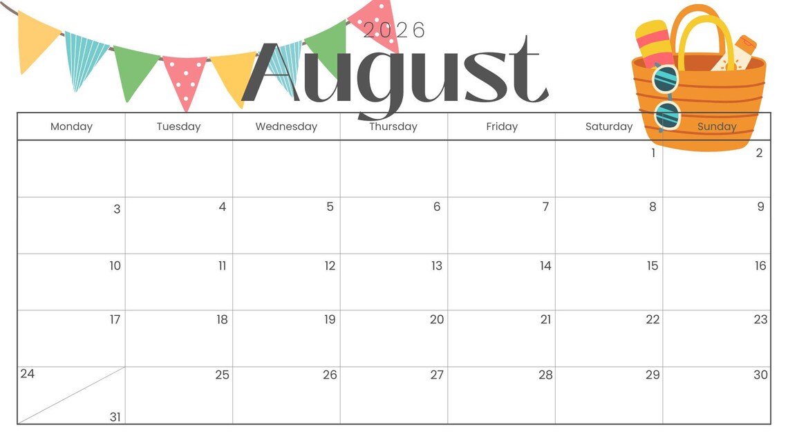 August 2026 Calendar: Summer Beach Theme Planner (digital Download ...