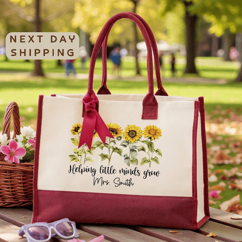 Personalized Teacher Tote Bag, Sunflower Teacher Gift, Custom Name Tote ...