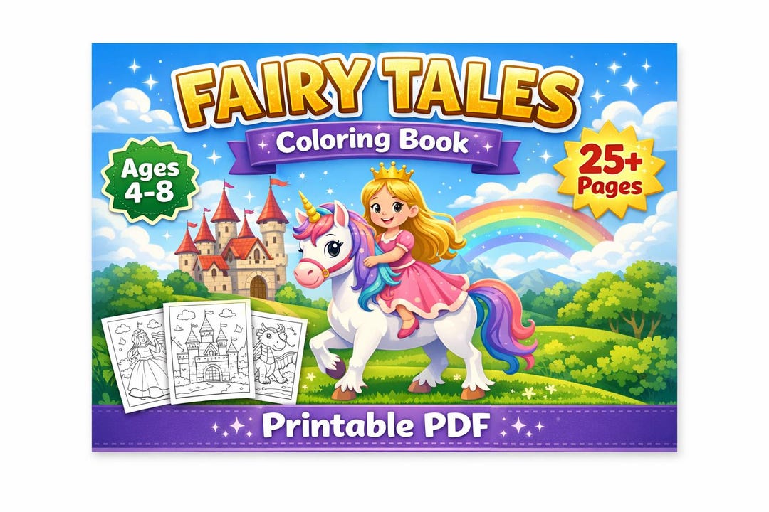 Fairy Tales Coloring Book Kids Ages 4-8 Princess Dragon Castle Pages ...