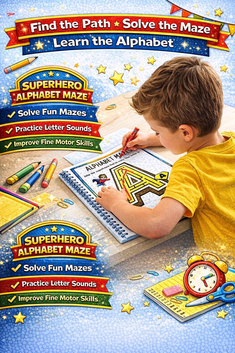 Superhero Alphabet Maze Printable A-Z Kids Activity Letter Learning ...