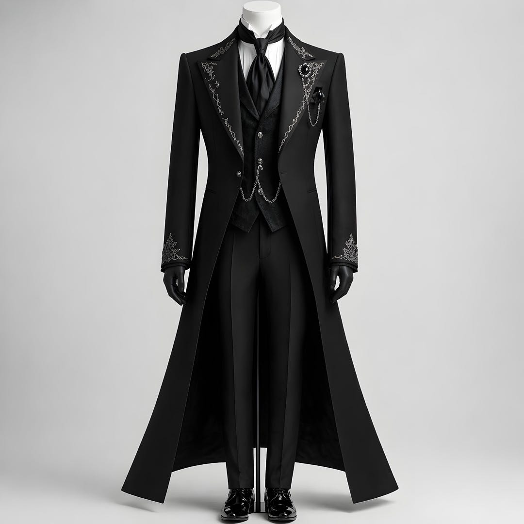 Black Gothic Tailcoat Suit: Victorian Steampunk Embroidered 3-piece Men ...