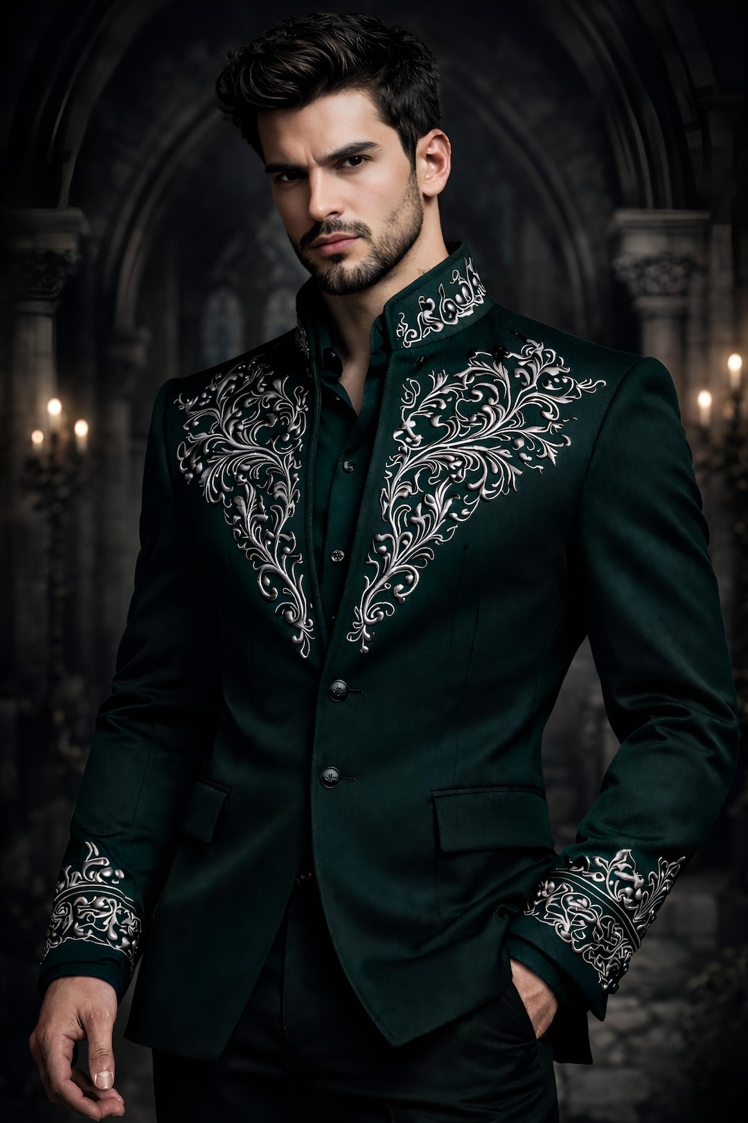 Dark Emerald Gothic Embroidered Blazer, Regal Mandarin Collar Evening ...