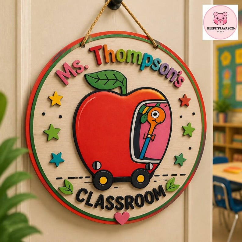 Custom Apple Classroom Door Sign, Teacher Appreciation Gift With Pixar ...