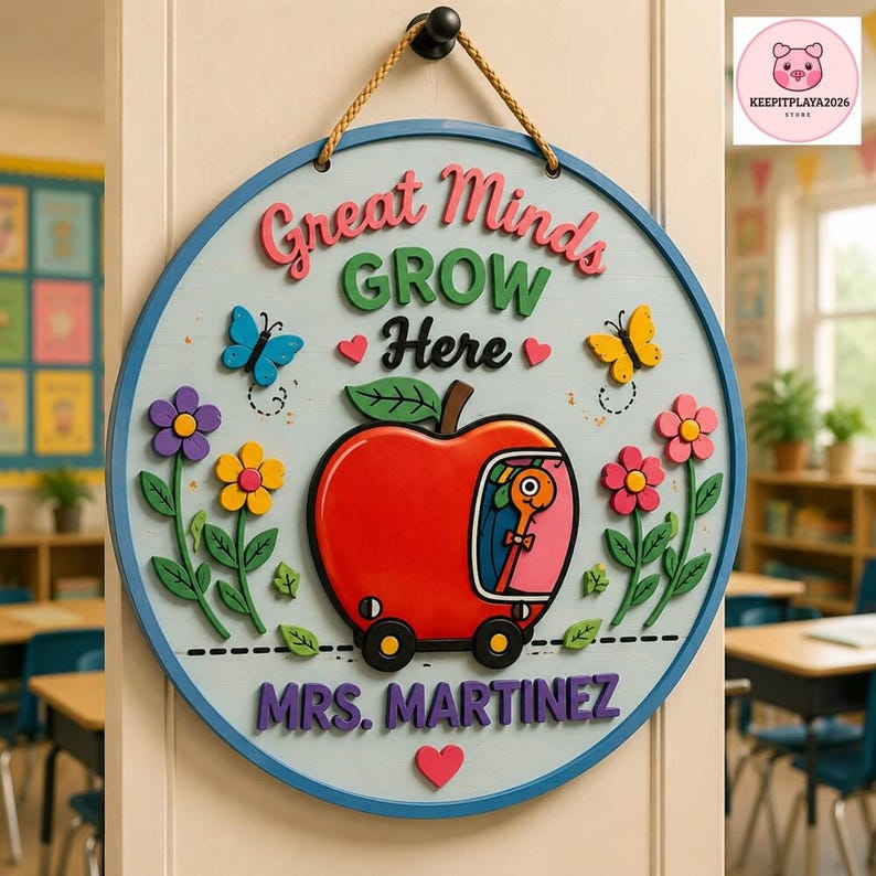 Great Minds Grow Here Apple Classroom Sign, Personalized Teacher ...