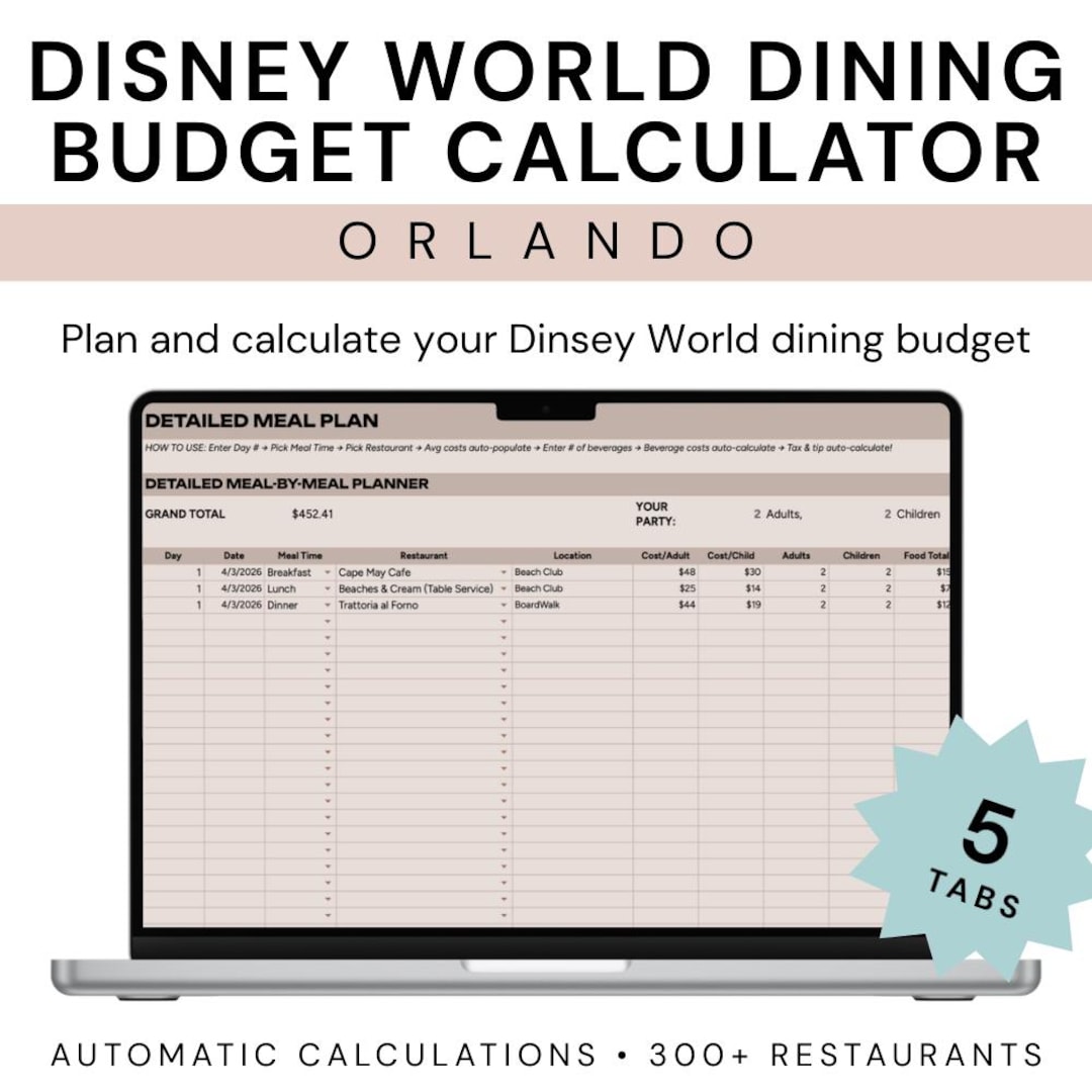 Disney World Dining Budget Calculator • Google Spreadsheet • Editable ...