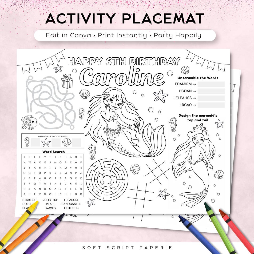 Mermaid Birthday Activity Placemat Editable Template, Under the Sea ...