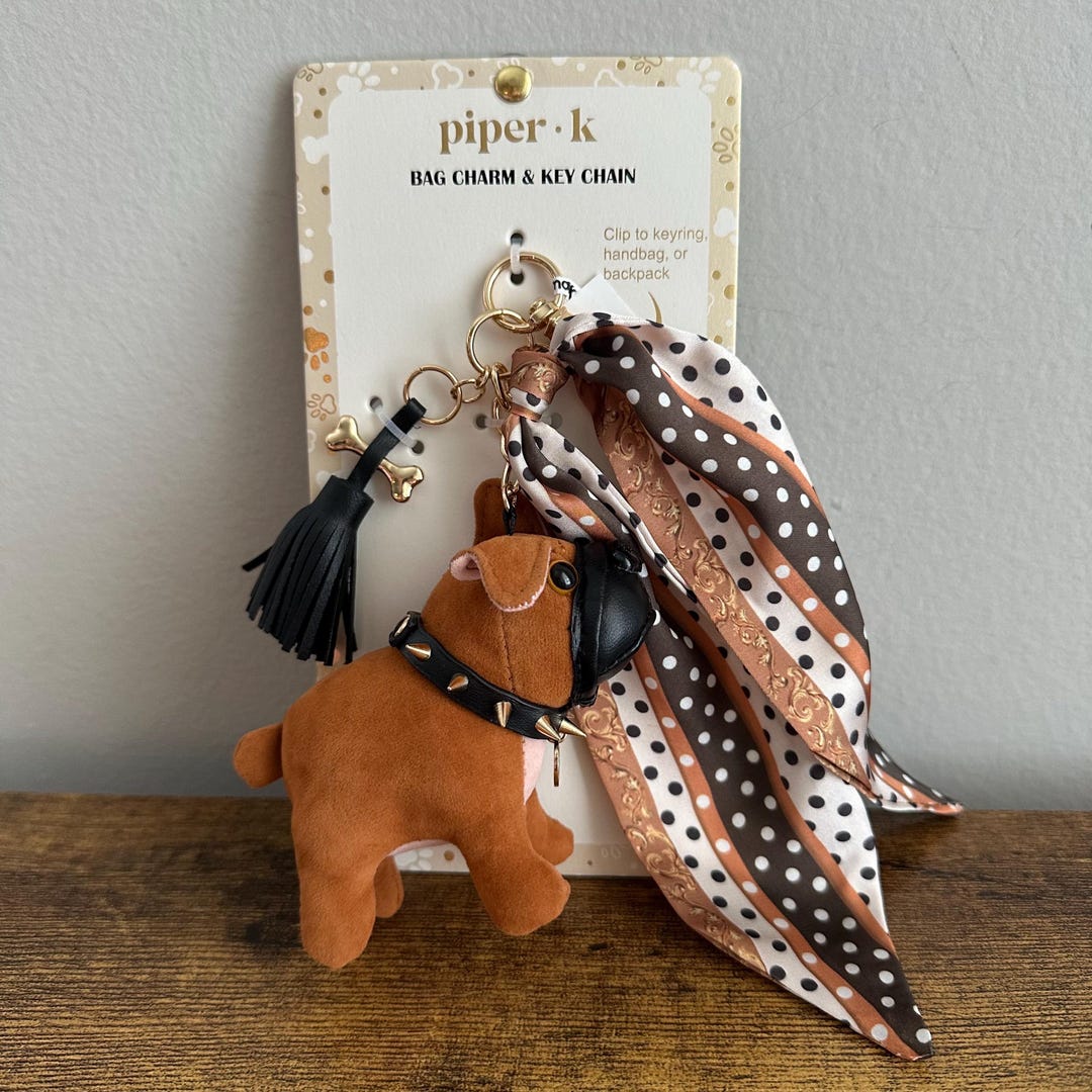 New Piper K Brown French Bulldog Bag Charm Key Chain Bone Spike Collar ...