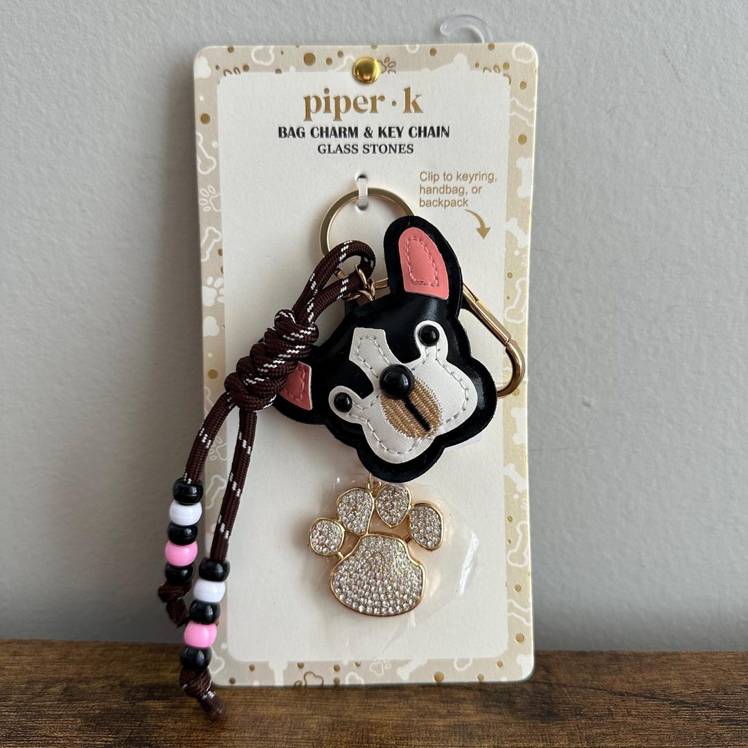 New Piper K French Bulldog Bag Charm Key Chain Bedazzled Paw Print ...
