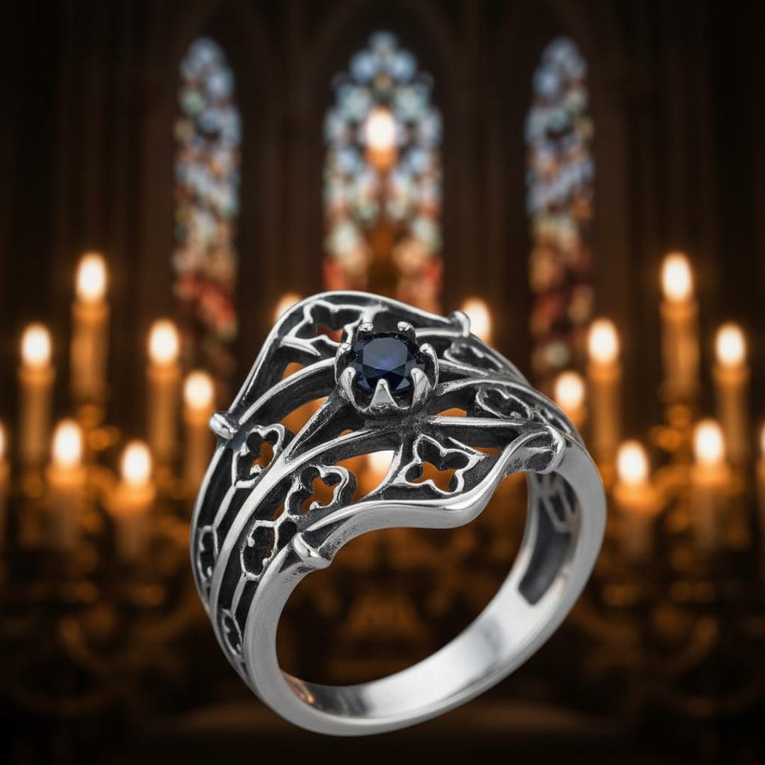 Gothic Silver Ring With Dark Blue Stone Filigree Bat Wing Design - Etsy