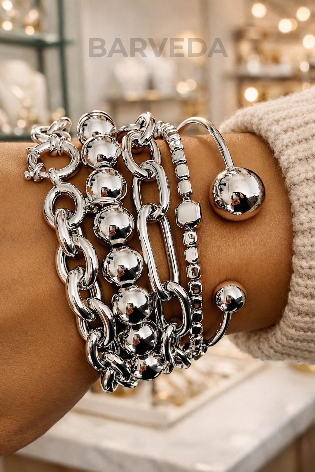 Vintage Chunky Silver Bracelet Set 5pcs Layered Stack Chain Bracelets ...