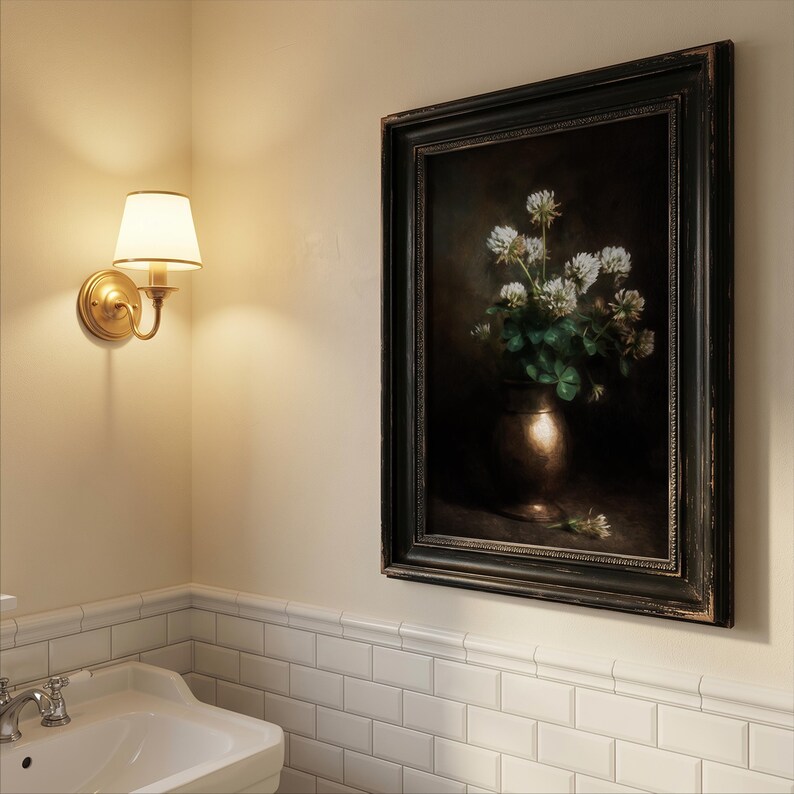 Vintage Clover Still Life Print | Moody White Flower Vase Wall Art ...
