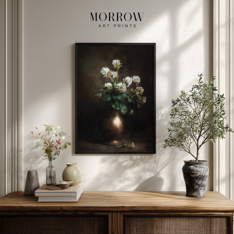 Vintage Clover Still Life Print | Moody White Flower Vase Wall Art ...