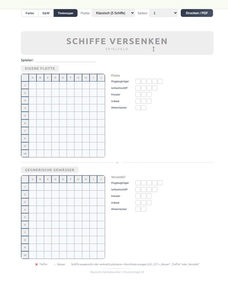 Battleship Printable Template | Battleship Game Board 10x10 With Fleet ...