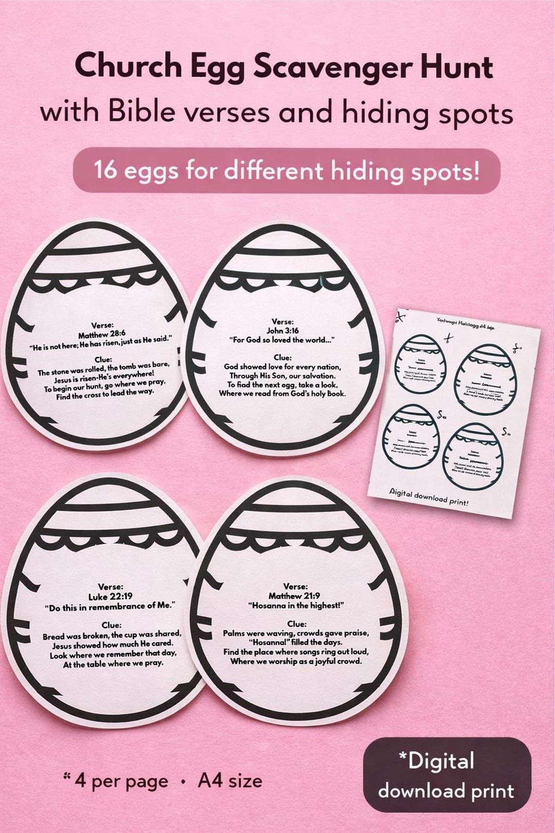 Easter Church Scavenger Hunt Printable | Bible Verse Egg Hunt Clues ...