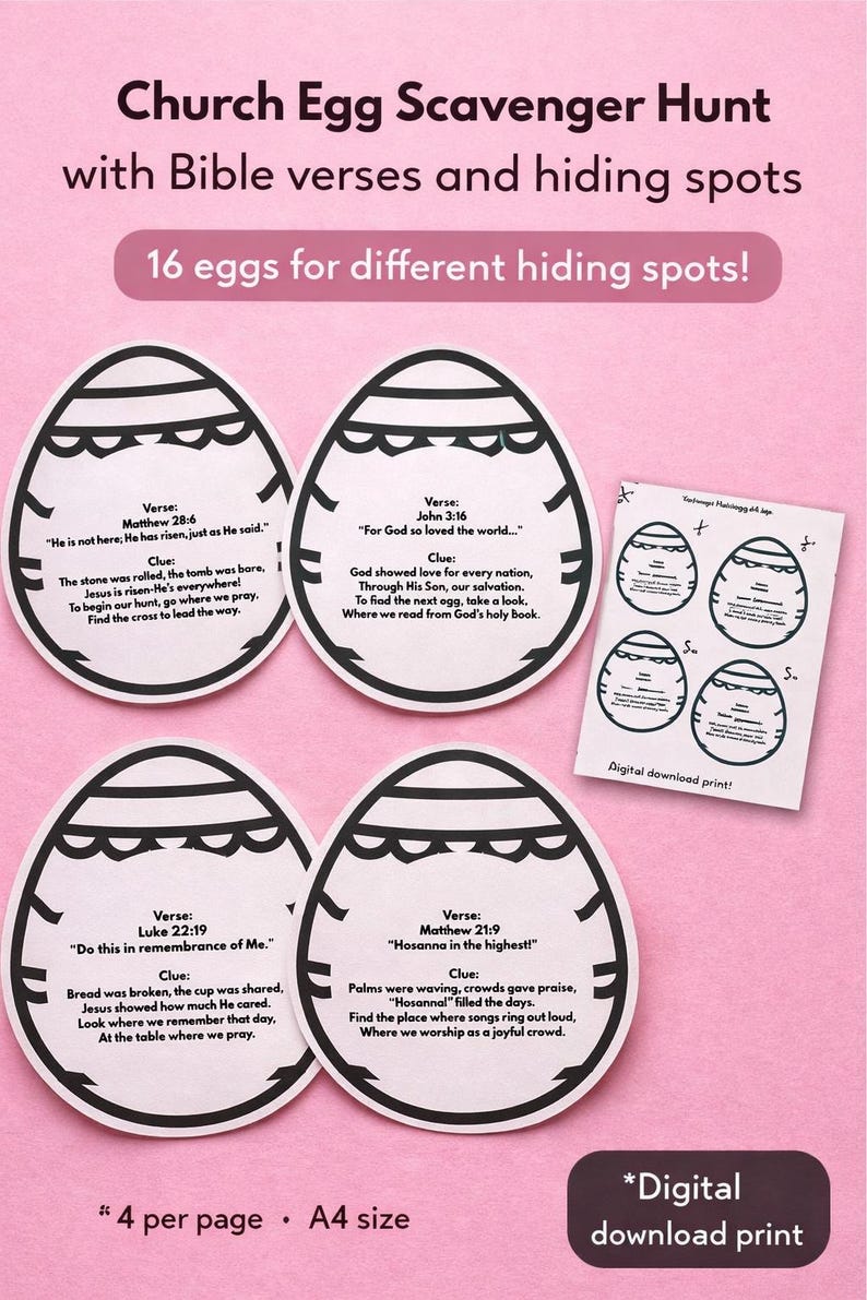 Easter Church Scavenger Hunt Printable | Bible Verse Egg Hunt Clues ...