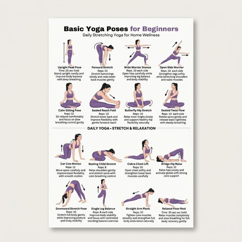Basic Yoga Poses for Beginners Printable, 16 Daily Yoga Asanas Chart ...
