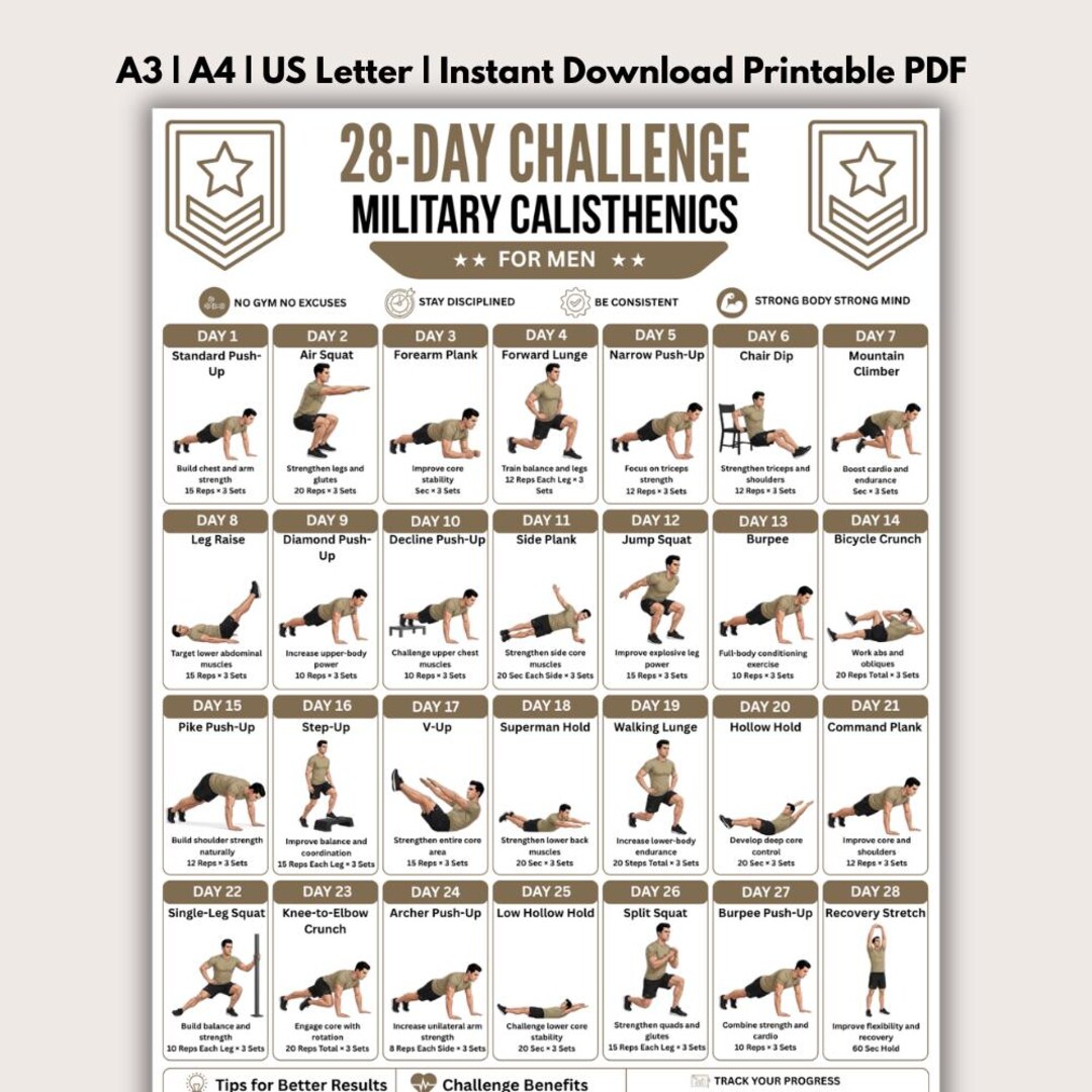 28 Day Military Calisthenics Challenge for Men PDF, Men's Bodyweight ...